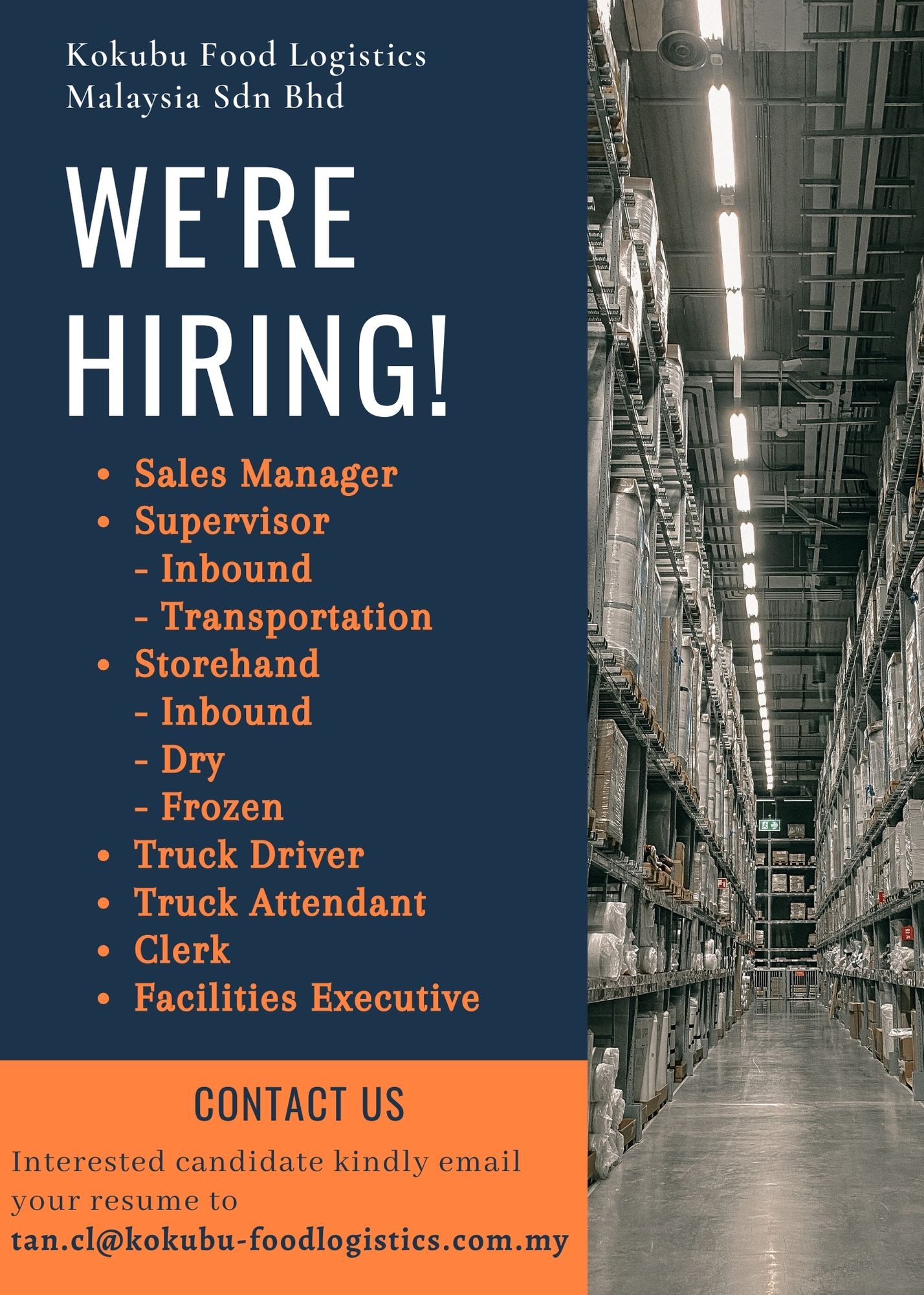 Career | Vacancy | Recruitment | KOKUBU FOOD LOGISTICS MALAYSIA